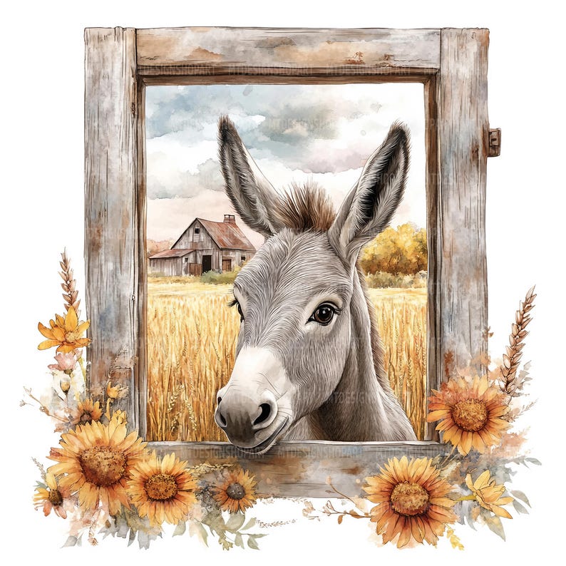 20 Donkey Window Clipart, Nursery Donkey, Printable Watercolor Clipart ...