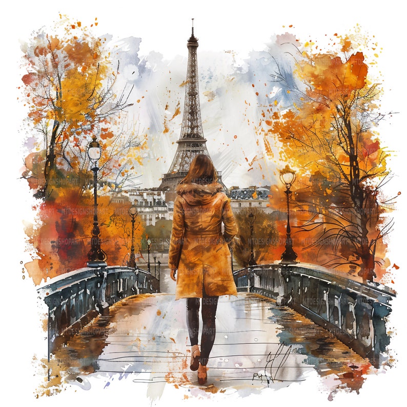10 Woman in Paris Clipart, Autumn Clipart, Paris Bridge, Printable ...