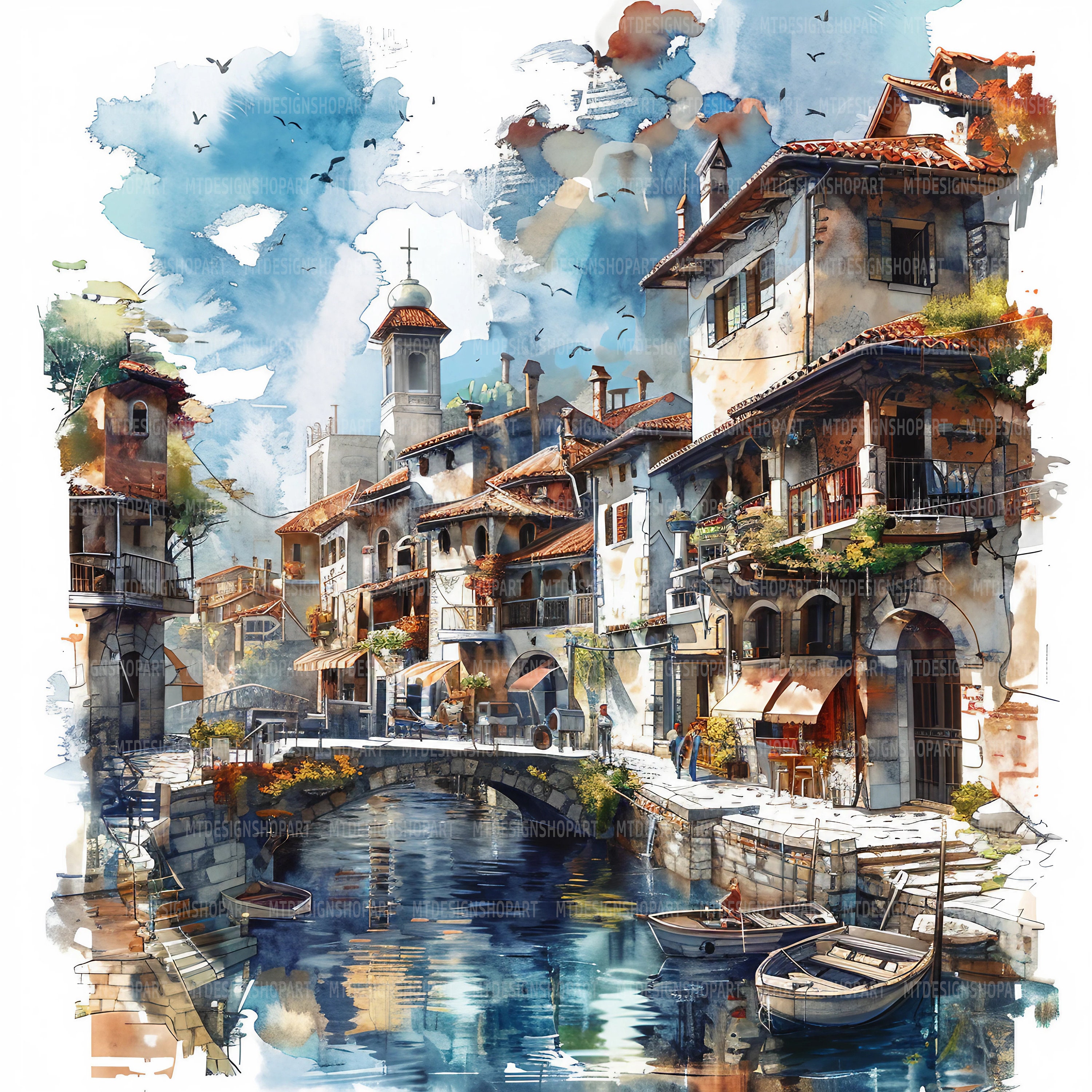 11 Old Lake Town Clipart, Old Town Bundle Clipart, Printable Watercolor ...