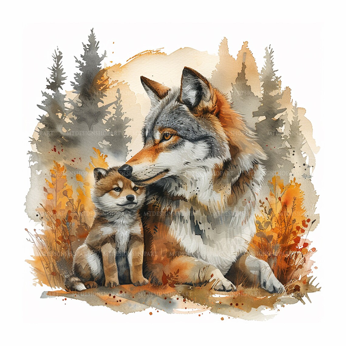 15 Wolf and Baby Clipart, Printable Watercolor Clipart, Watercolor Wolf ...