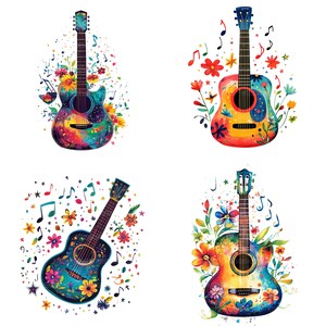 16 Colorful Guitar With Musical Notes Clipart, Printable Watercolor ...
