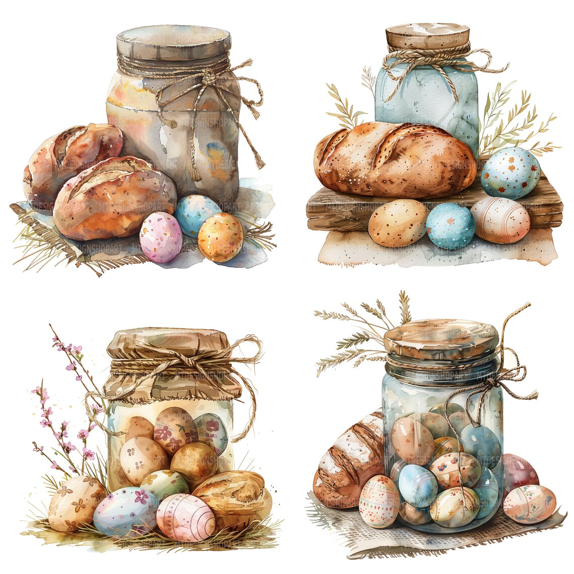 15 Rustic Jar Clipart, Rustic Bread Clipart, Easter Eggs, Watercolor ...