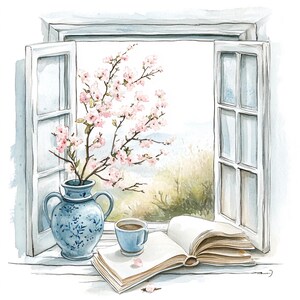 18 Window With Books Clipart, Cozy Window Scene, Printable Watercolor ...