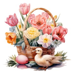 19 Floral Easter Chick Baskets Clipart, Flowers Basket Art, Printable ...