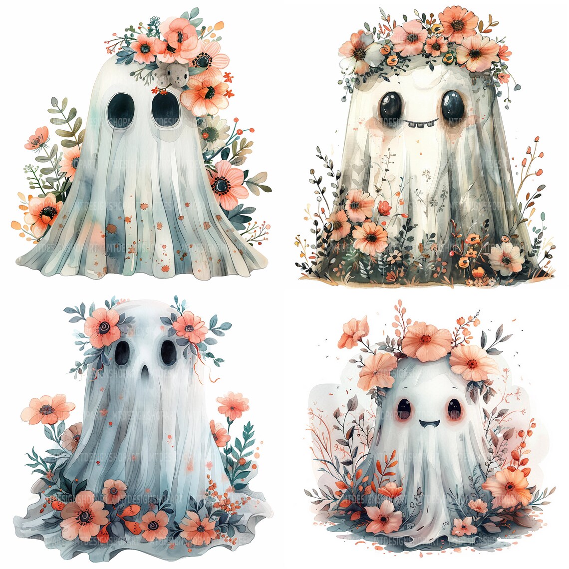 24 Floral Ghost Clipart, Halloween Ghost, Flowers Clipart, Printable ...