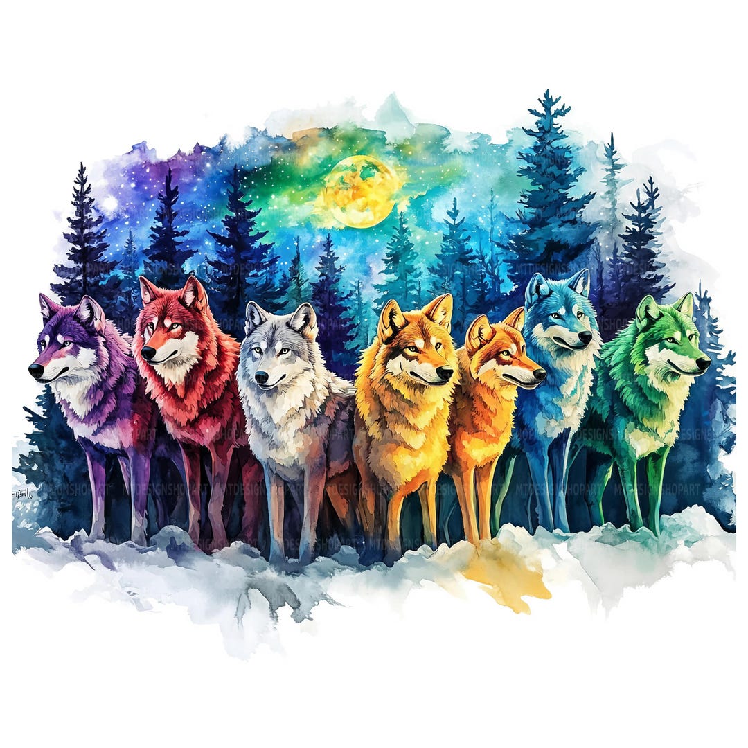 19 Colorful Wolf Pack Clipart, Wolf Clipart, Printable Watercolor ...