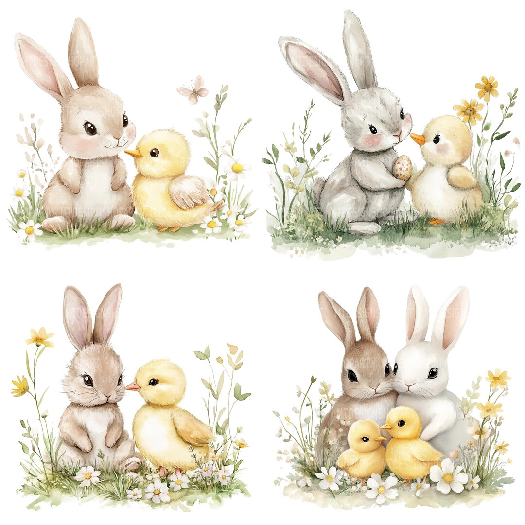 Watercolor Bunny & Chick Clipart: Floral Spring Designs (digital ...