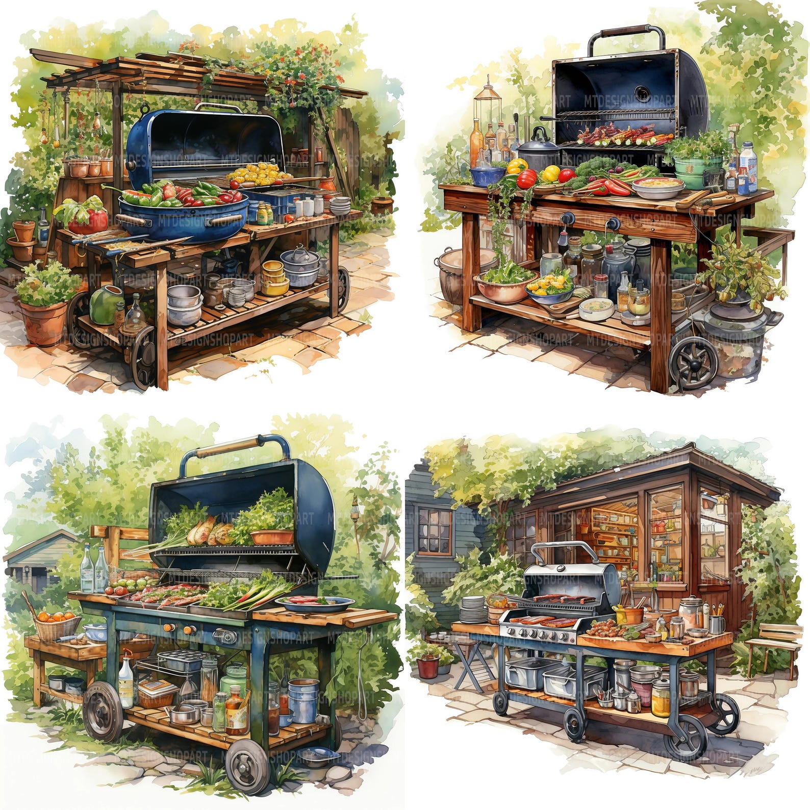 18 Barbecue Clipart, BBQ Grill Clipart, Printable Watercolor Clipart ...