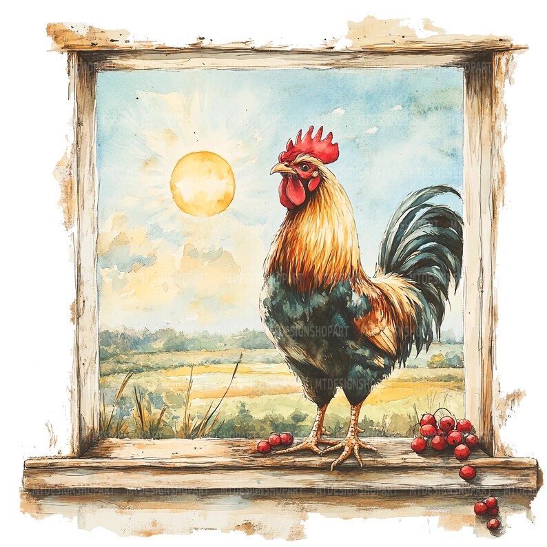 16 Rooster Window Clipart, Sunrise Rooster Clipart, , Printable ...