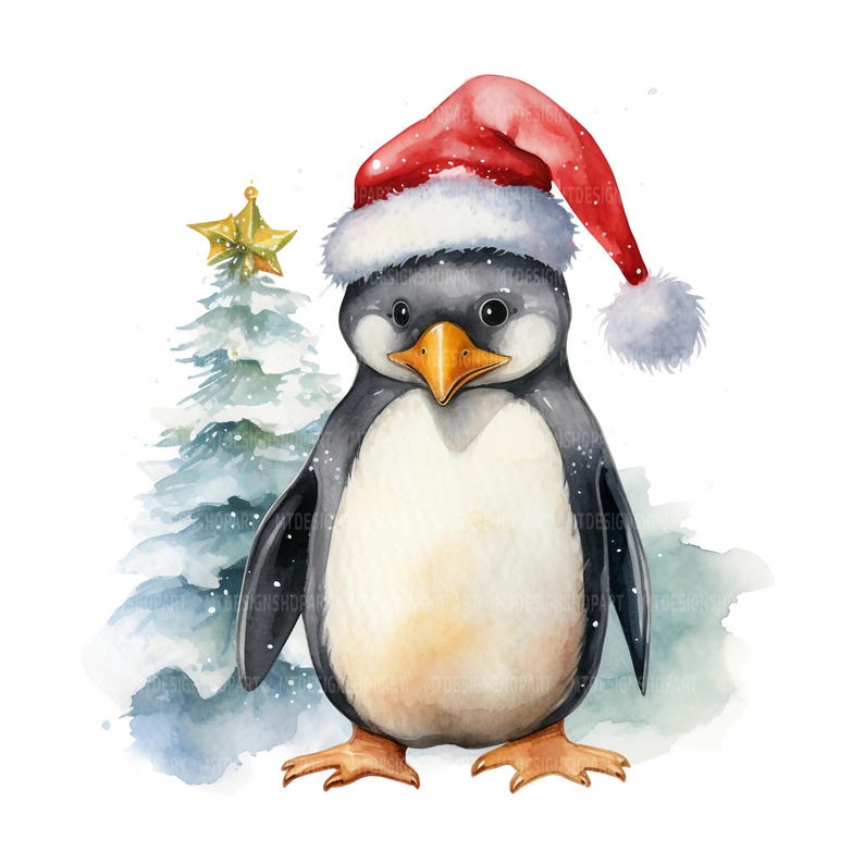 14 Christmas Penguin Watercolor Clipart, Holiday JPG Images (digital ...