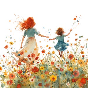 16 Girl in Flowers Clipart, Woman and Little Girl in Flowers, Printable ...