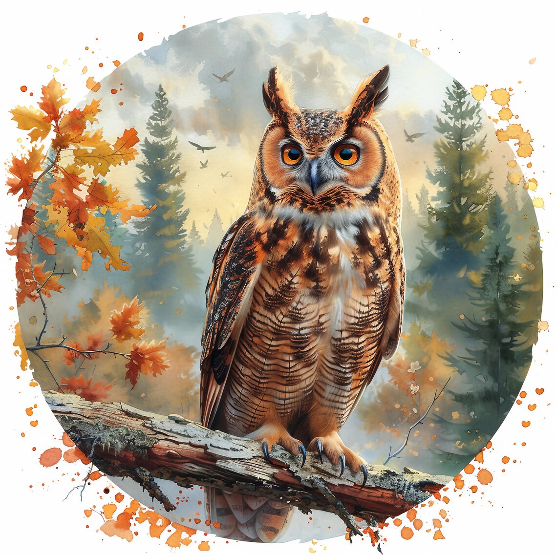 15 Owl on the Branch, Printable Watercolor Clipart, Watercolor Owl ...