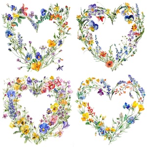 19 Wildflowers Hearts Clipart, Heart Wreath, Printable Watercolor ...