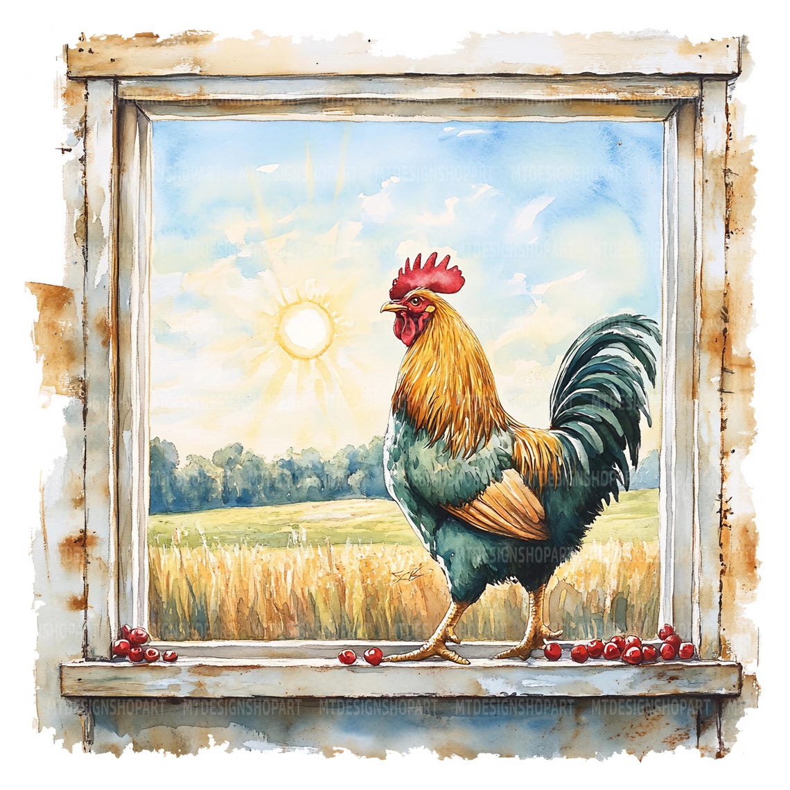 16 Rooster Window Clipart, Sunrise Rooster Clipart, , Printable ...