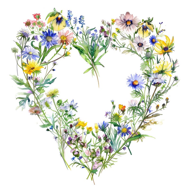 19 Wildflowers Hearts Clipart, Heart Wreath, Printable Watercolor ...