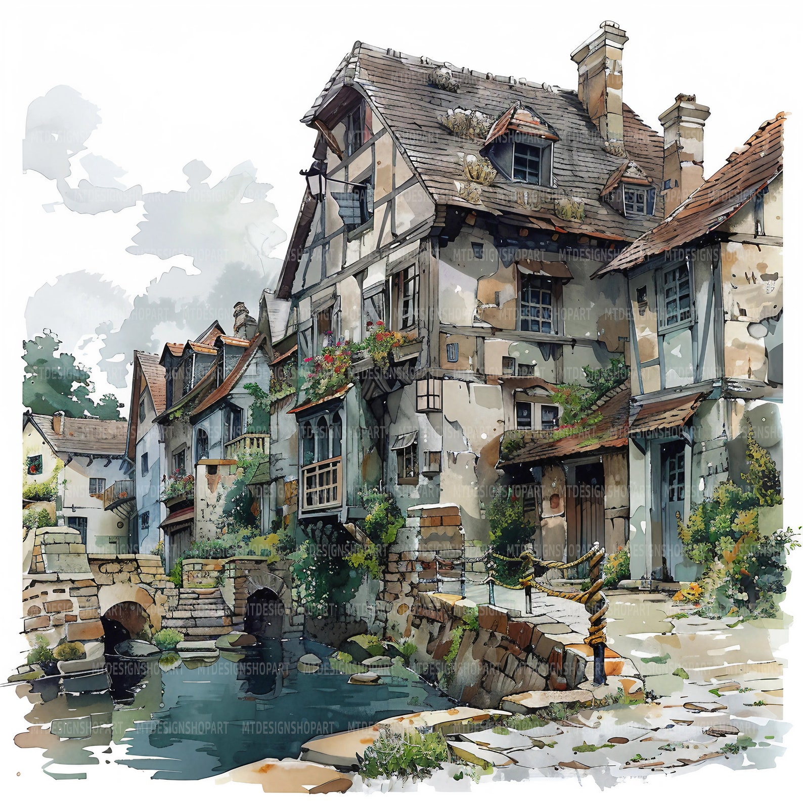 11 Old Lake Town Clipart, Old Town Bundle Clipart, Printable Watercolor ...