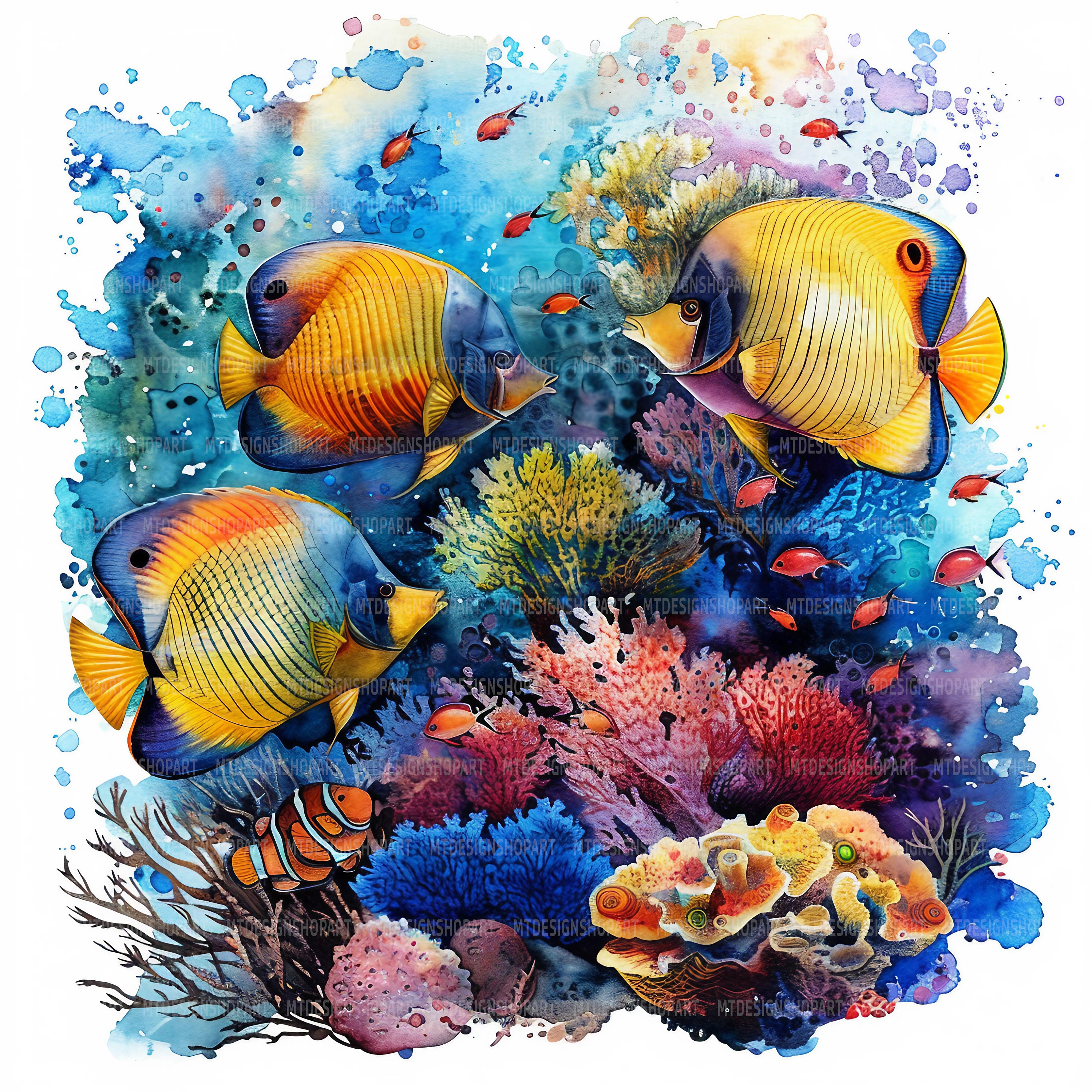 10 Coral Reef Clipart, Underwater Life Clipart, Printable Watercolor ...