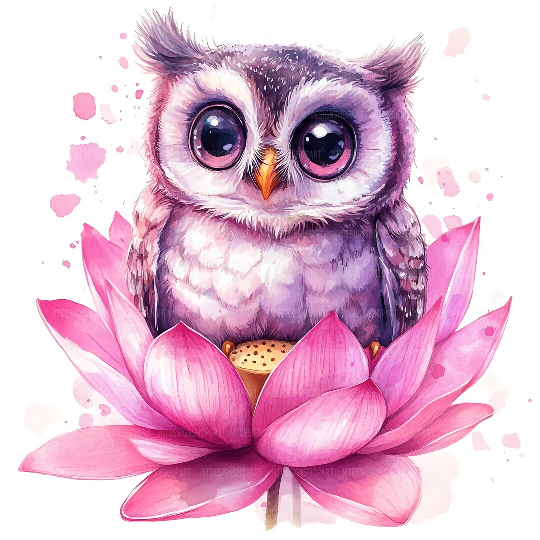20 Baby Owl Clipart, Baby Owl in Flower, Printable Watercolor Clipart ...