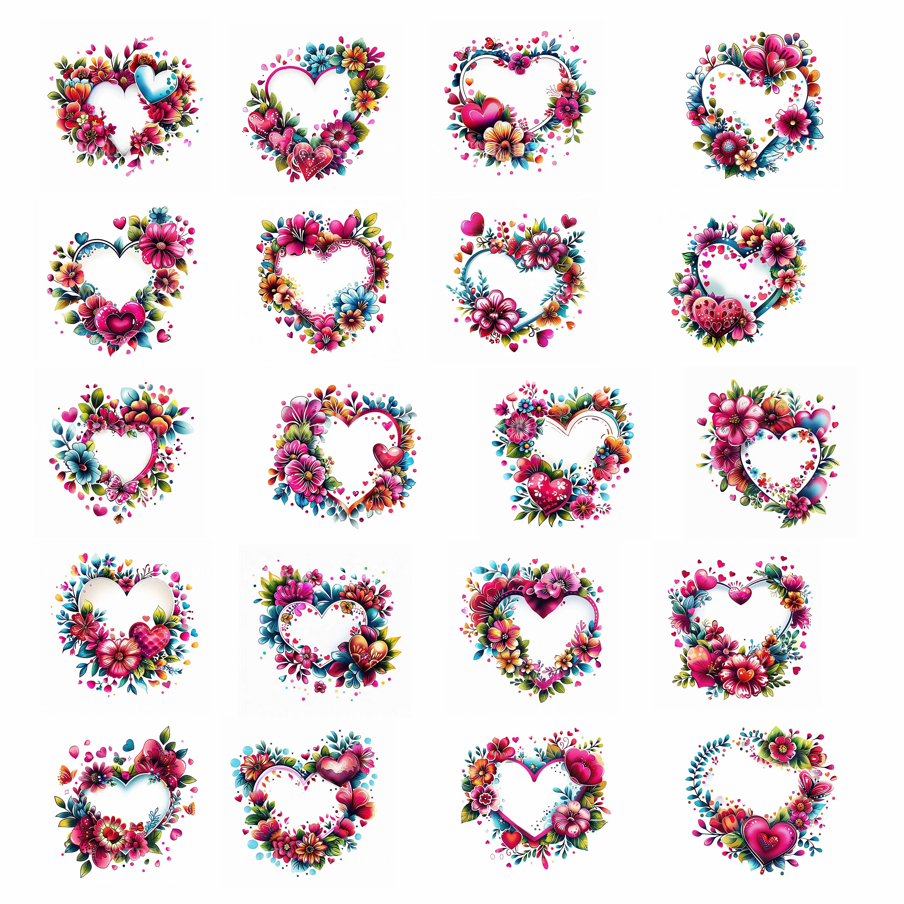 20 Watercolor Flower Heart Clipart, High Quality Jpgs, Floral Hearts ...