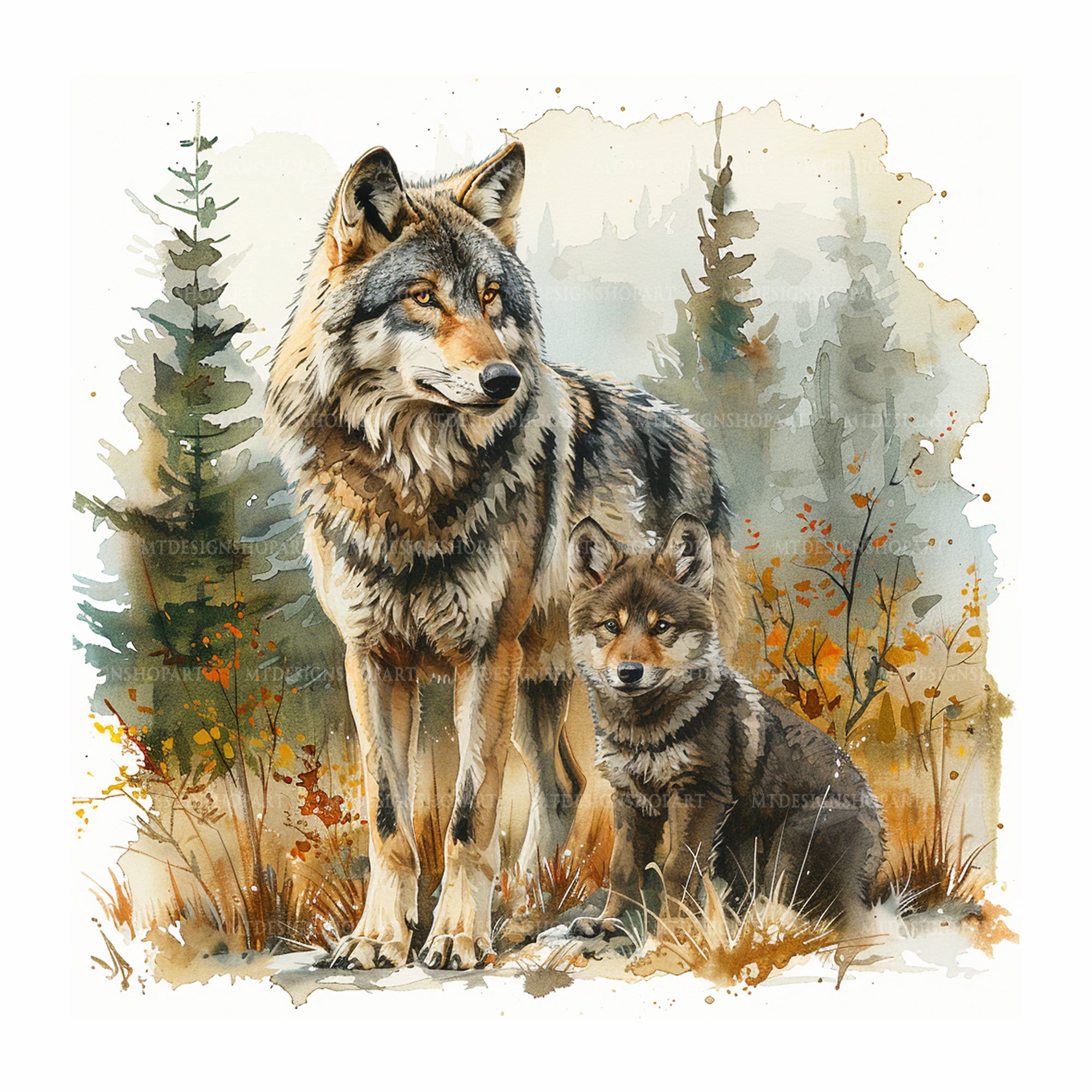 15 Wolf and Baby Clipart, Printable Watercolor Clipart, Watercolor Wolf ...
