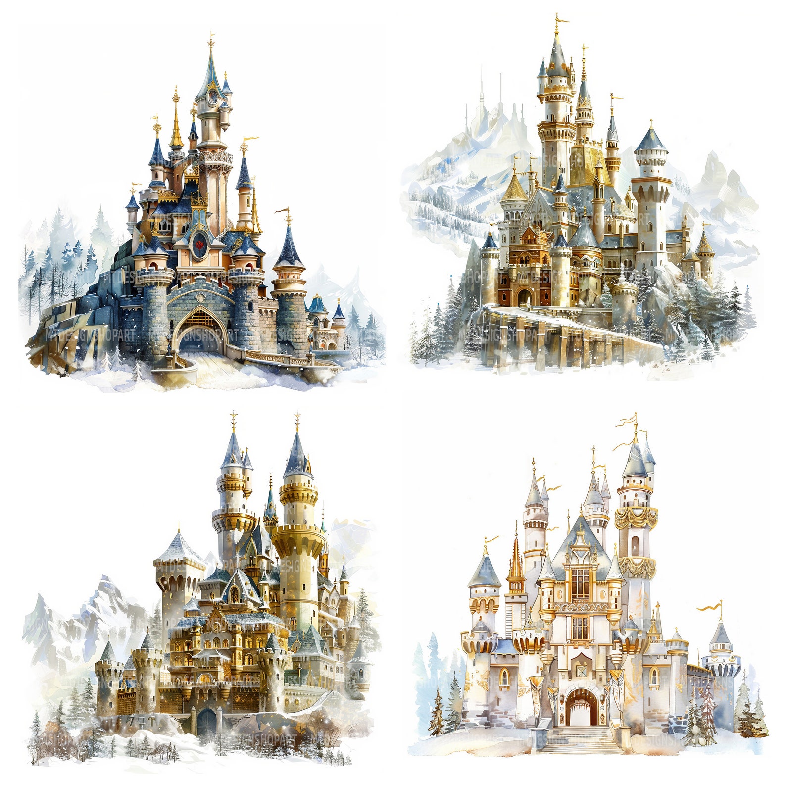 17 Winter Castle Clipart, Princess Castle, Printable Watercolor Clipart ...