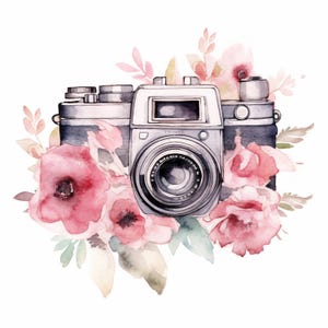 16 Vintage Floral Camera Clipart, Camera Art, Printable Watercolor ...