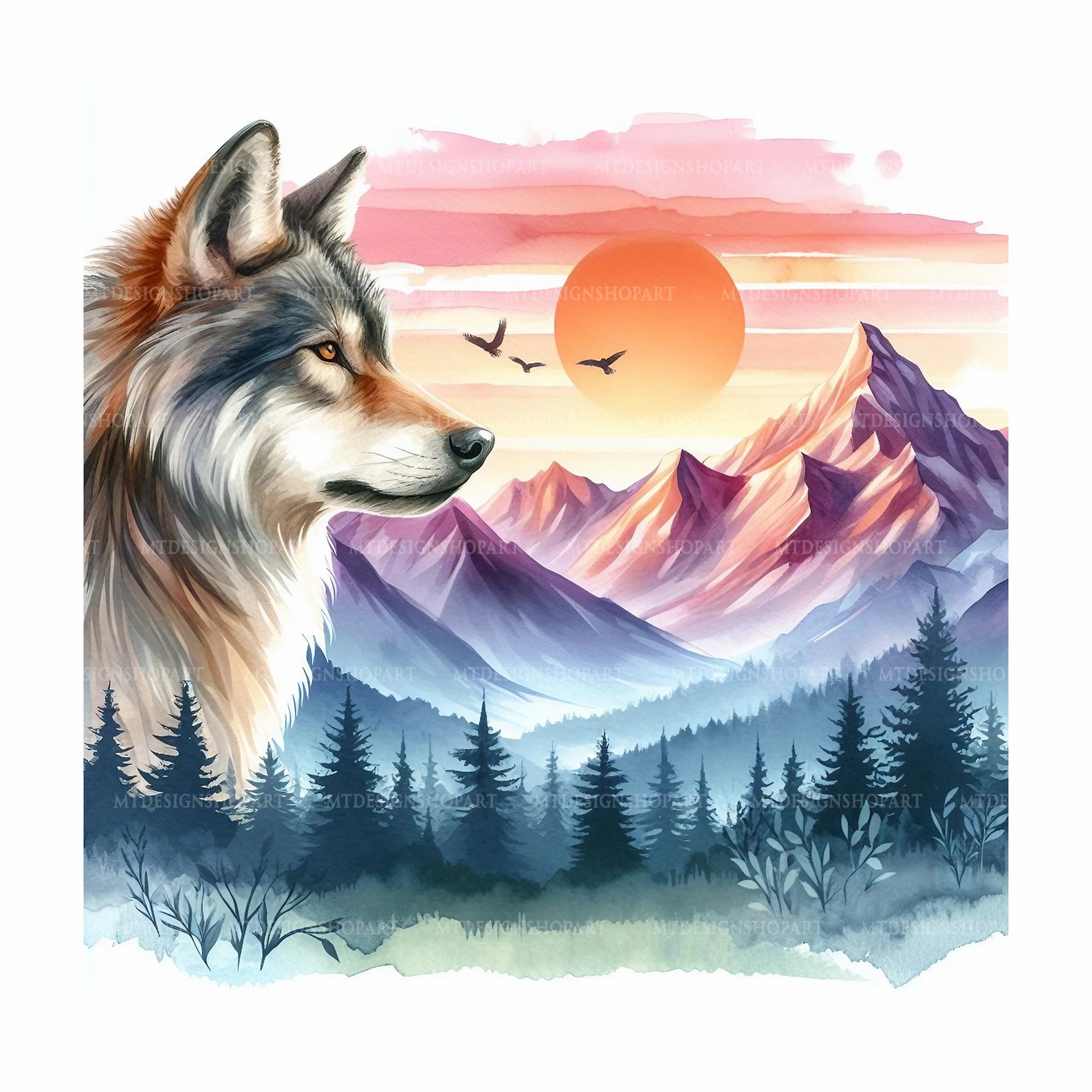 18 Wolf Sunset Clipart, Printable Watercolor Clipart, Watercolor Wolf ...
