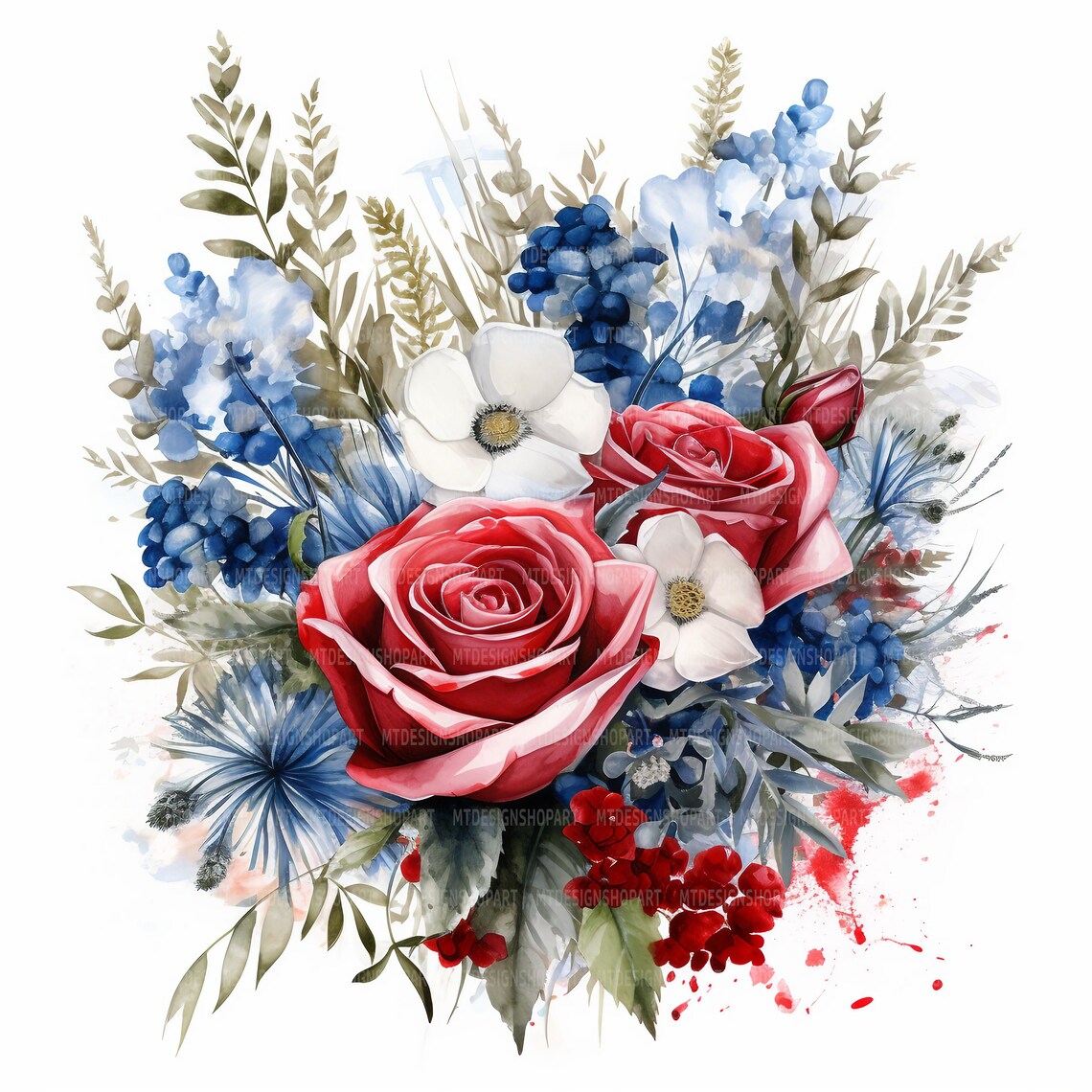 13 Roses Bouquet Clipart, USA Roses Clipart, Printable Watercolor ...