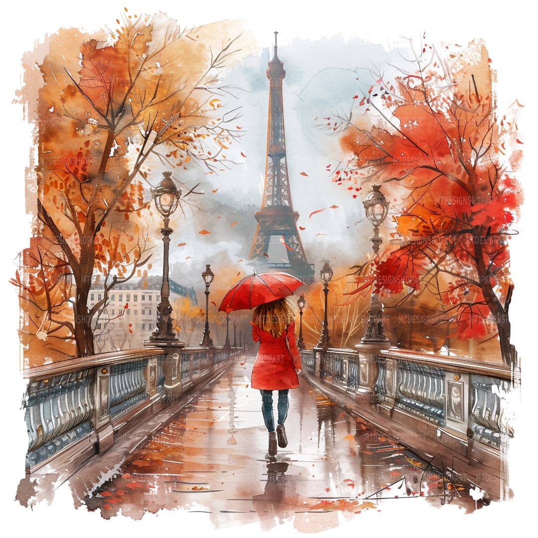10 Woman in Paris Clipart, Autumn Clipart, Paris Bridge, Printable ...