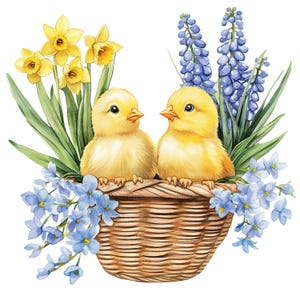 19 Chick in Easter Basket Clipart, Easter Clipart, Printable Watercolor ...