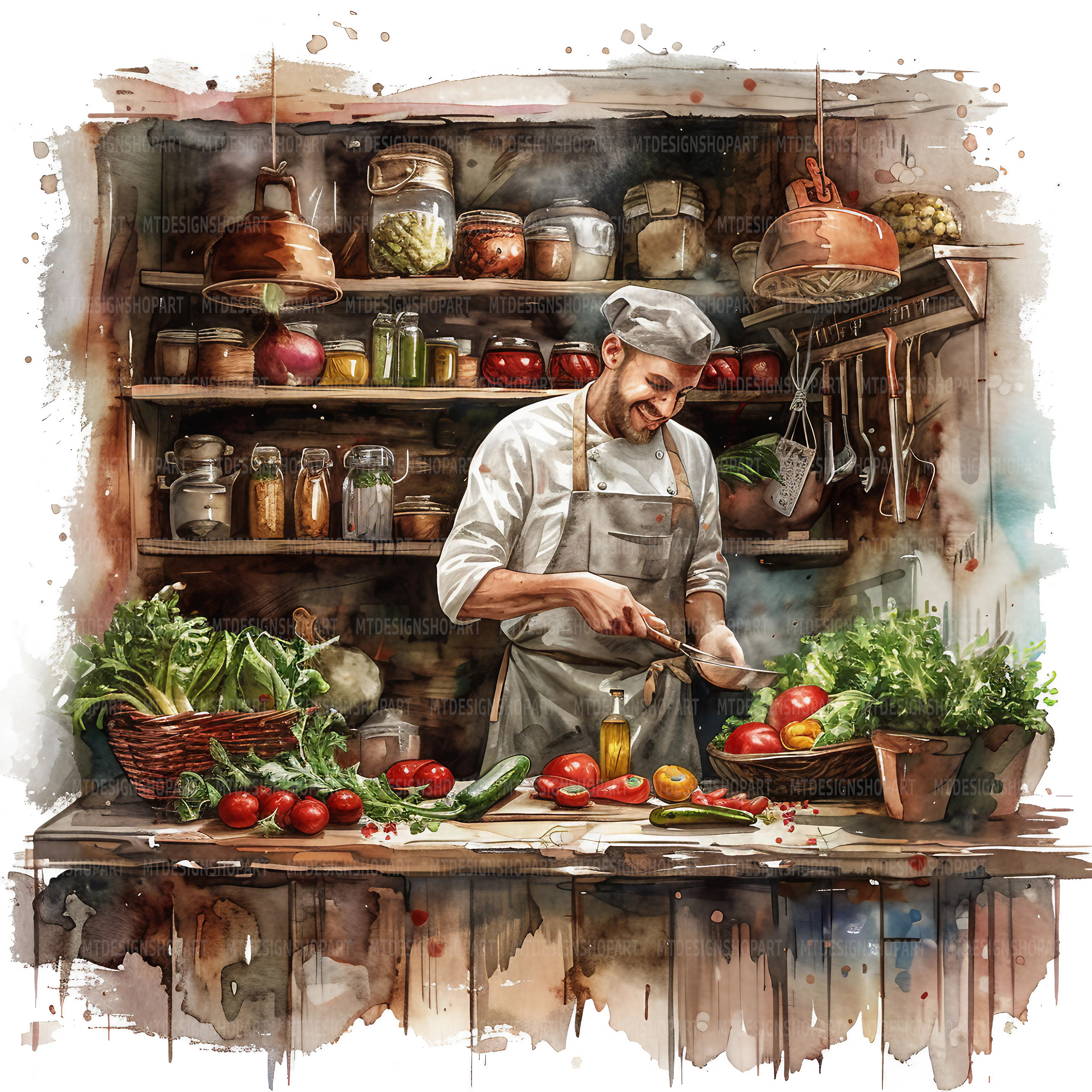 10 Happy Cook in Countryside Clipart, Cooking Chef Clipart, Watercolor ...