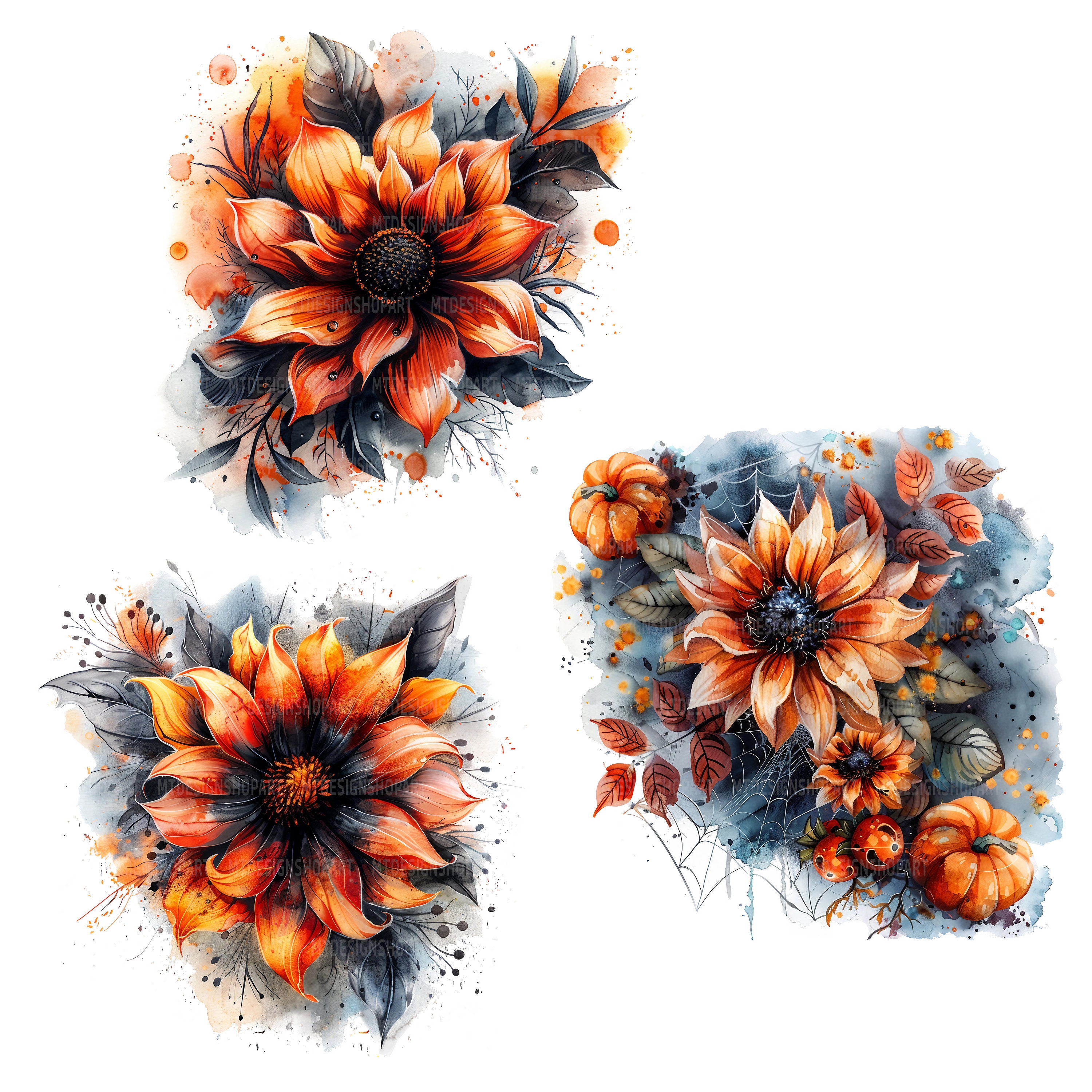 12 Halloween Flower Clipart, Flowers Clipart, Printable Watercolor ...