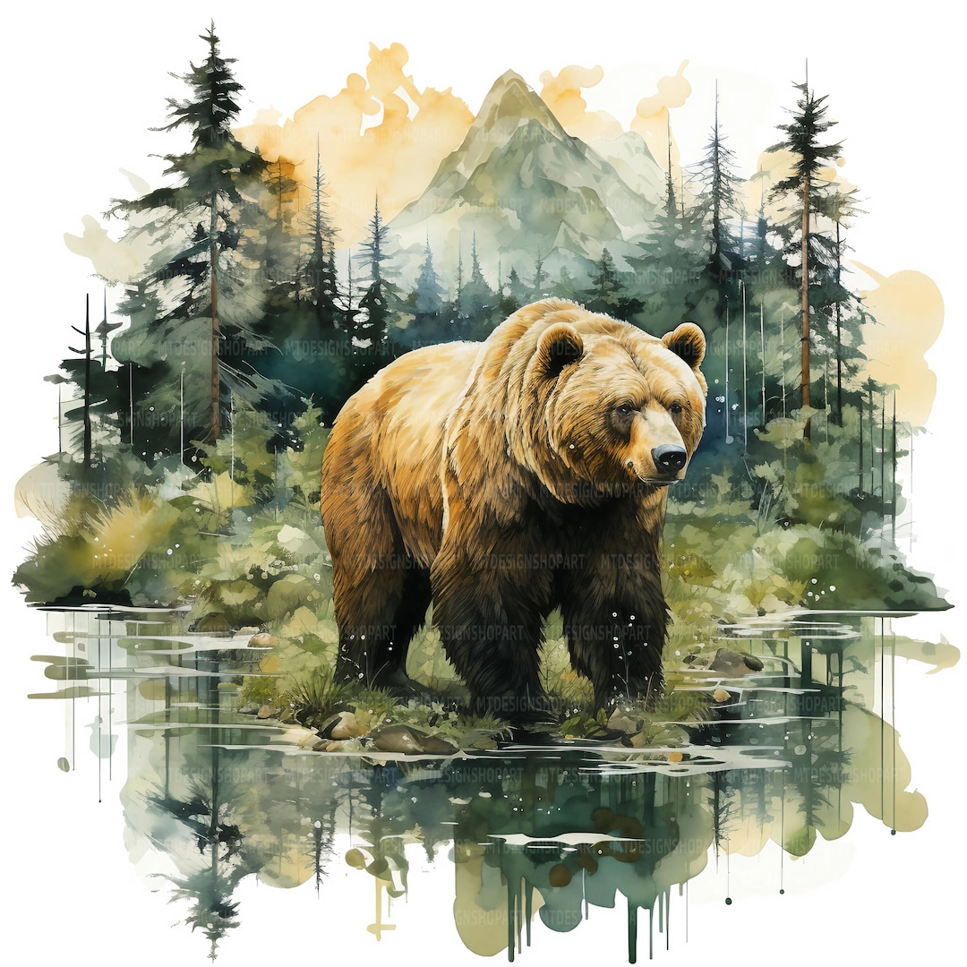 18 Bear in Forest Clipart, Grizzly Bear Clipart, Printable Watercolor ...