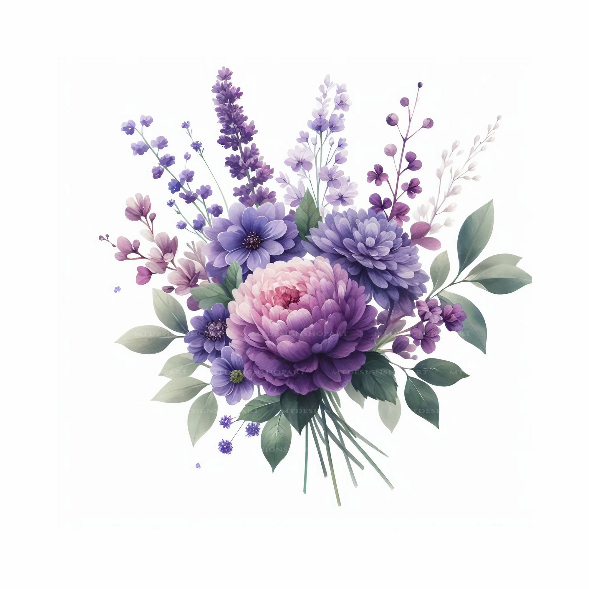 14 Purple Flowers Bouquet Clipart, Violet Floral, Printable Watercolor ...