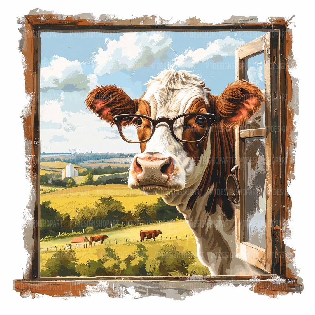 21 Sunglasses Cow Window Clipart, Teacher Cow, Printable Watercolor ...