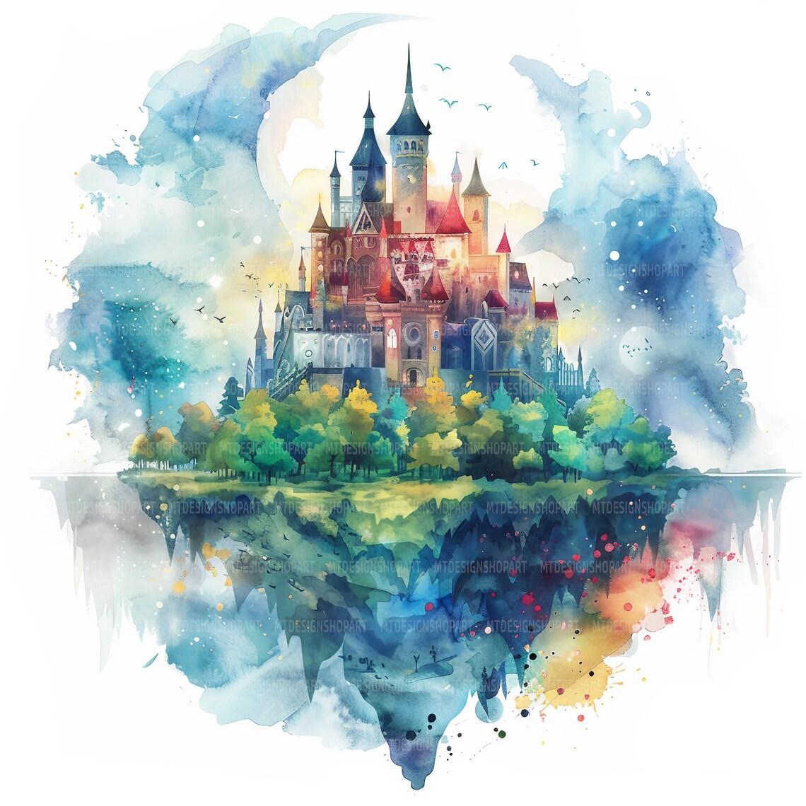 12 Floating Castle Clipart, Castle in Sky Landscape, Printable ...