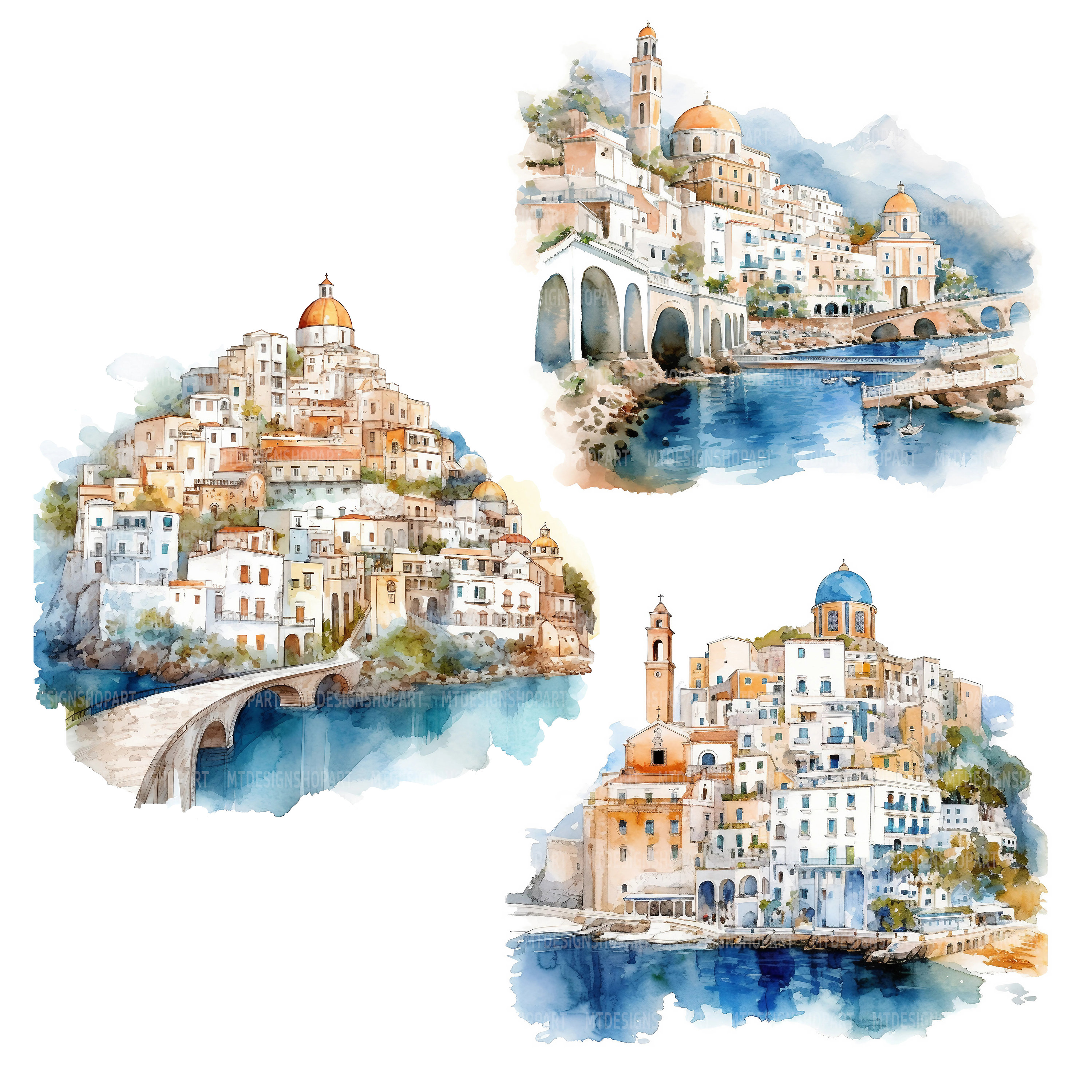 Amalfi Coast Watercolor Clipart: Italian Landscape Art (digital ...