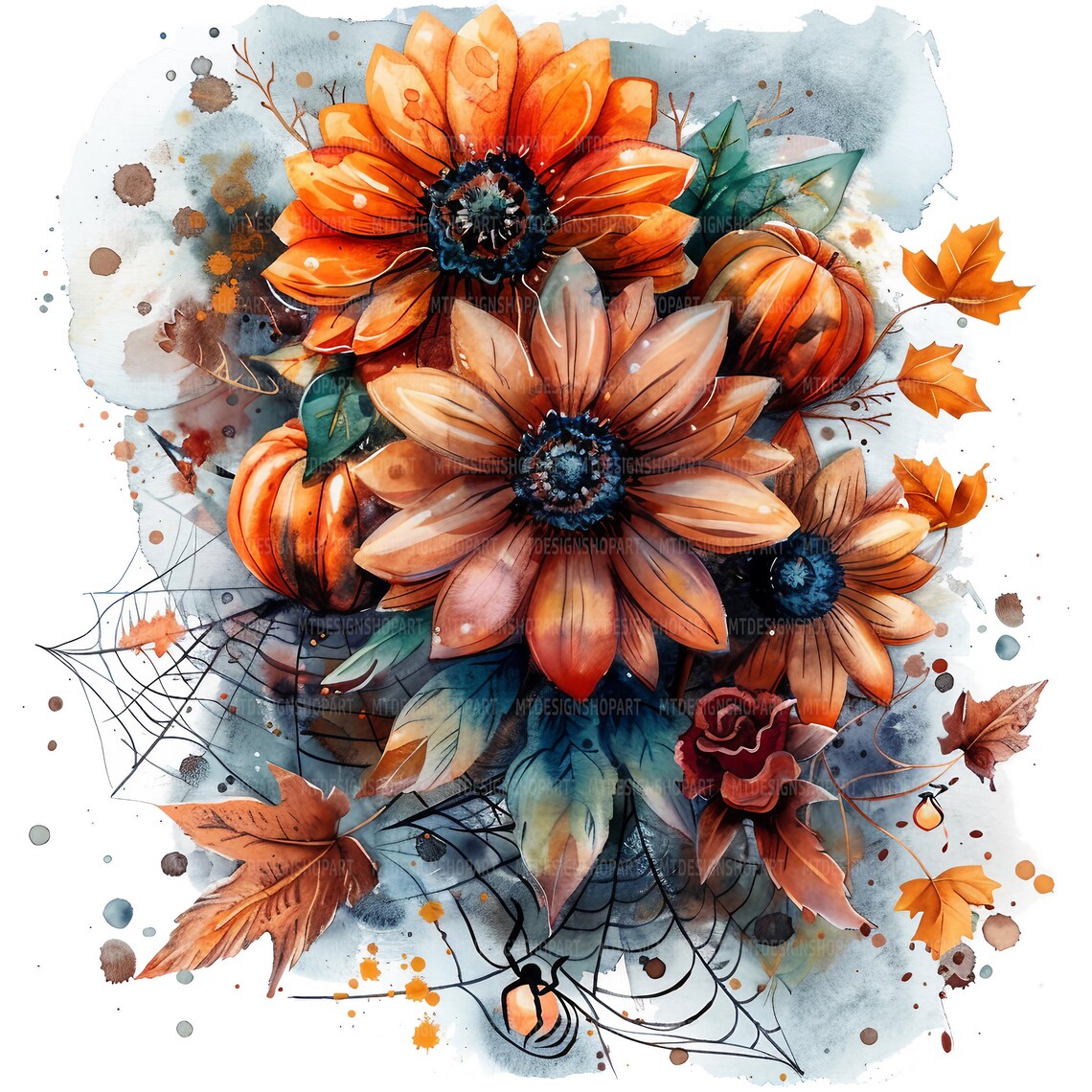 12 Halloween Flower Clipart, Flowers Clipart, Printable Watercolor ...