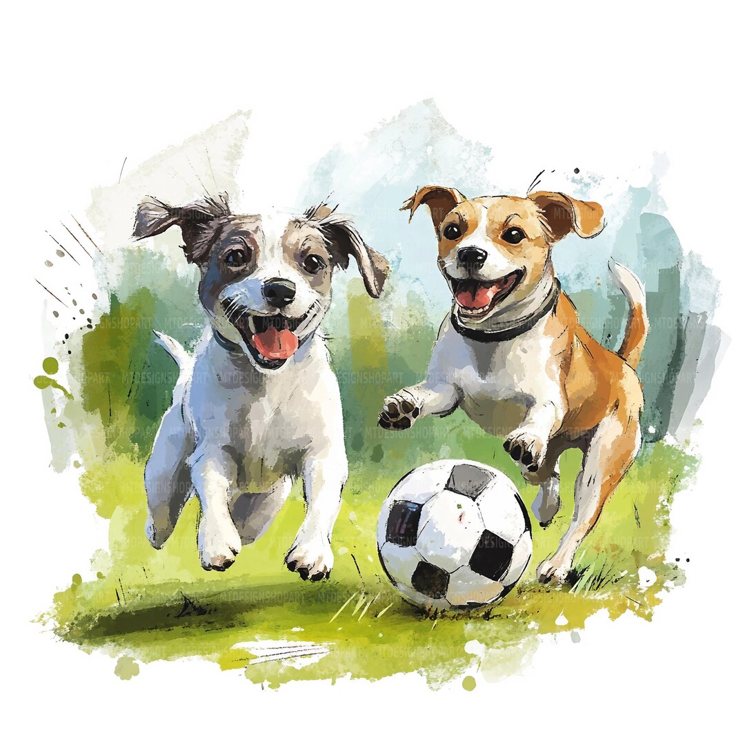 16 Dogs Playing Football Clipart, Printable Watercolor Clipart, Paper ...