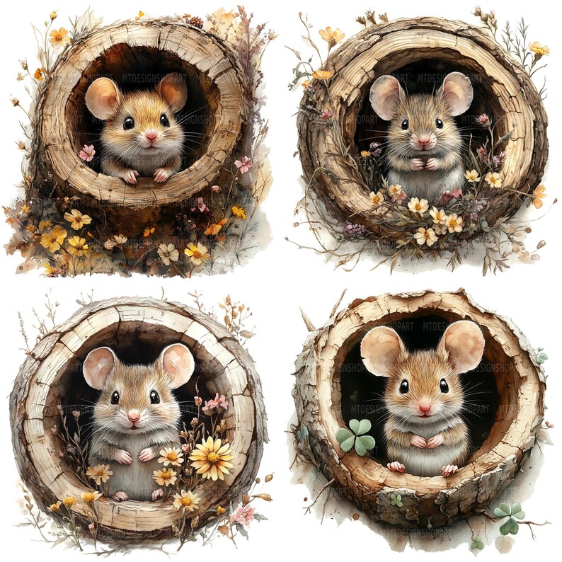 18 Floral in Tree Trunk Clipart, Mouse Hole Clipart, Printable ...