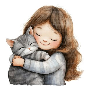 21 Little Girl Hugging Kitten Clipart, Kitten and Girl, Printable ...