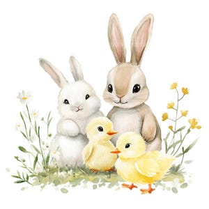 Watercolor Bunny & Chick Clipart: Floral Spring Designs (digital ...