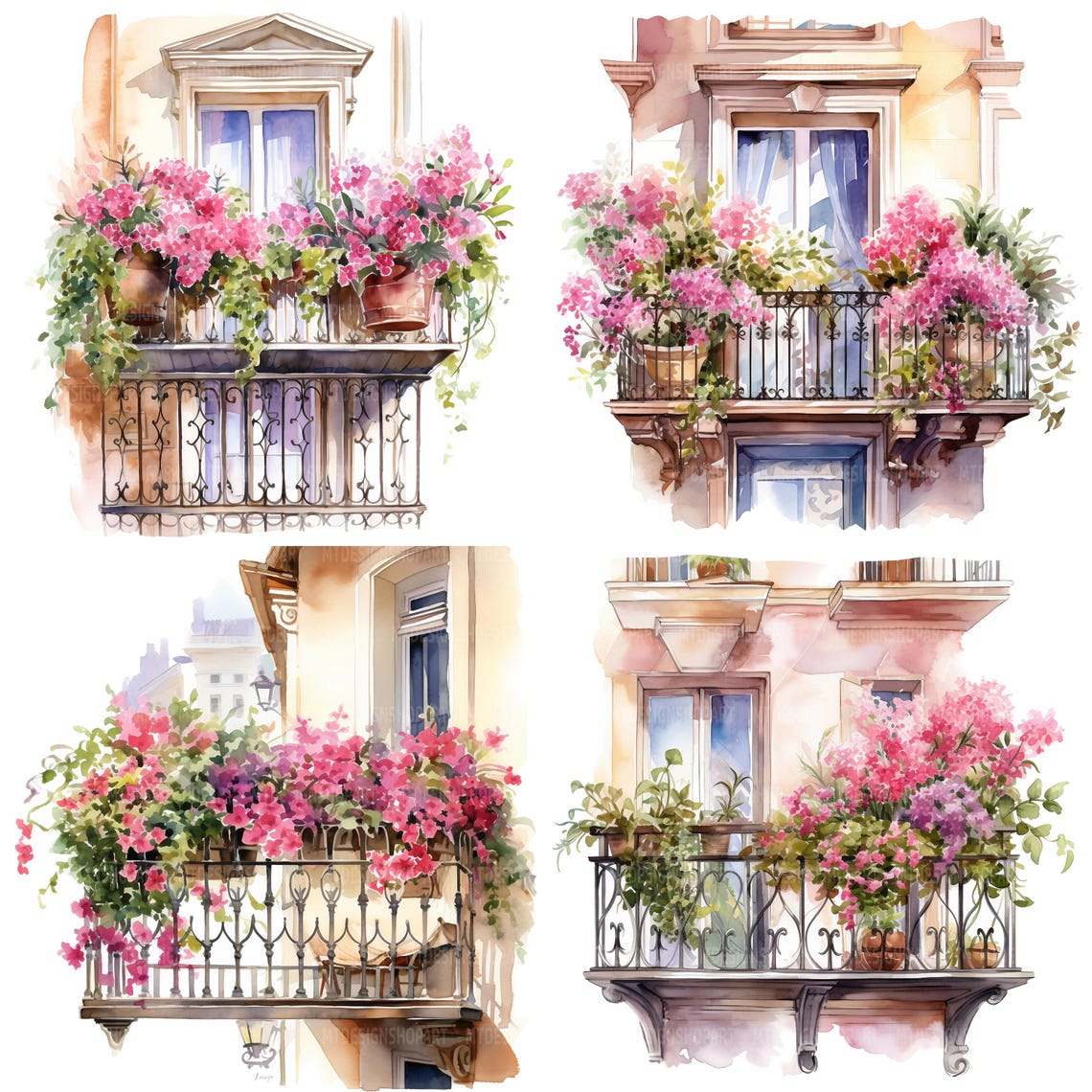 19 Floral Balcony Clipart, Balcony Flowers, Printable Watercolor ...