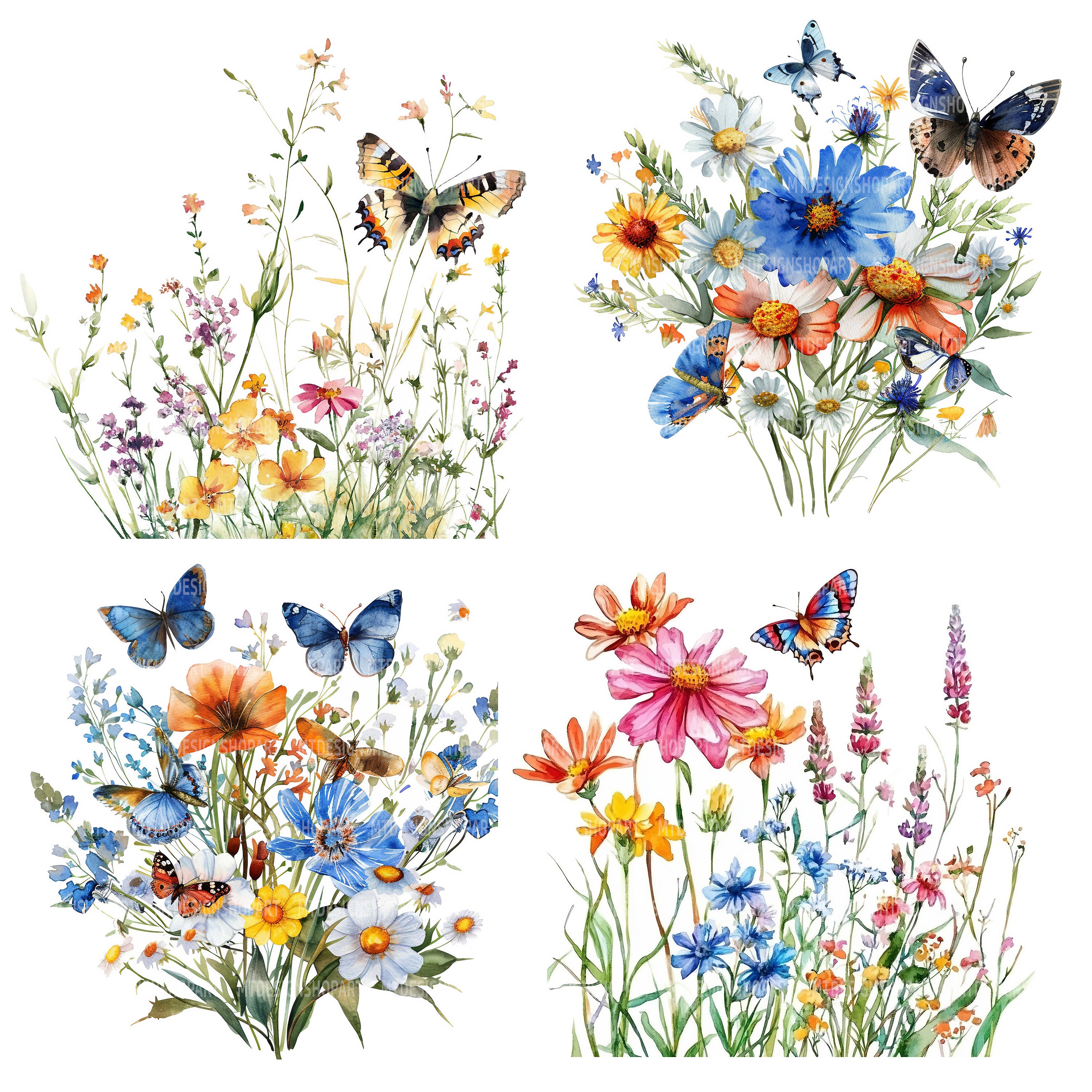 24 Butterflies and Wildflowers Clipart, Wildflowers Clipart, Printable ...