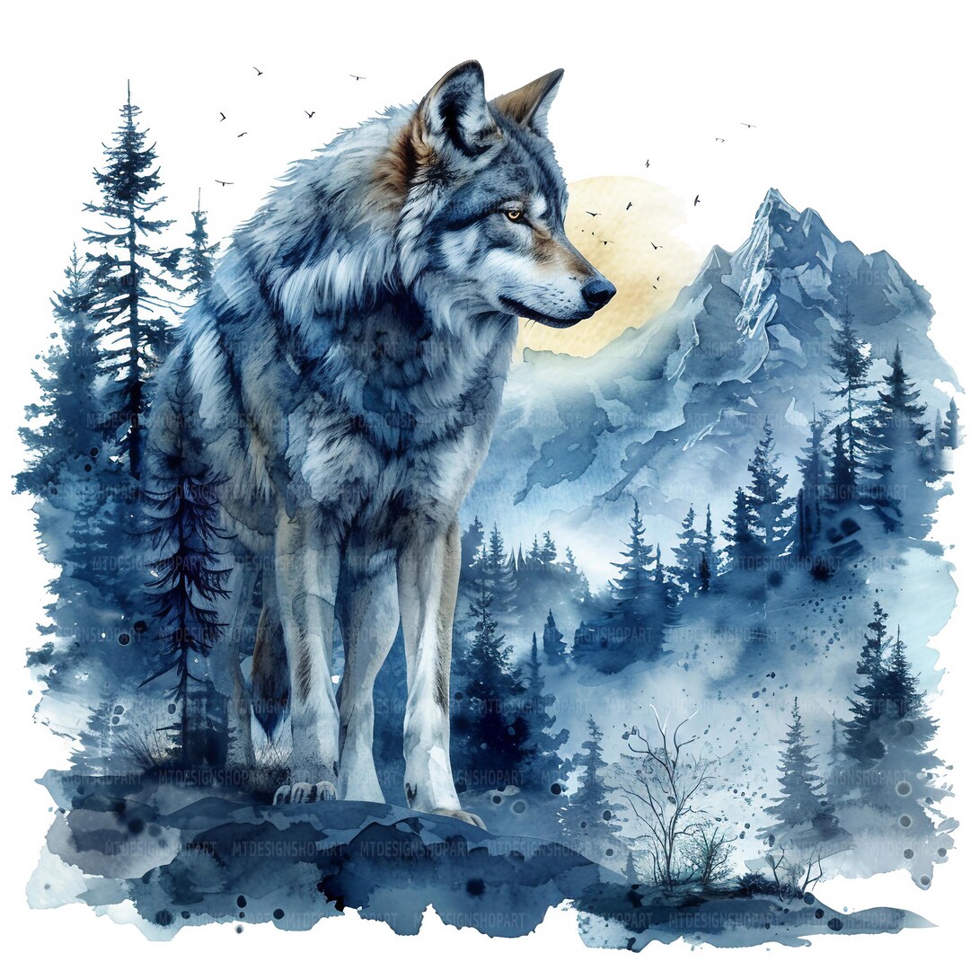 14 Wolf in Winter Clipart, Wolf Clipart, Printable Watercolor Clipart ...