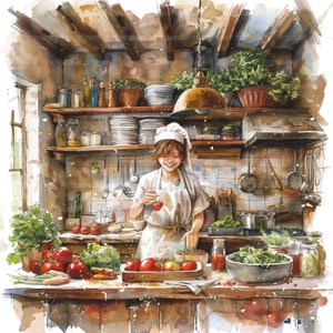 10 Happy Cook in Countryside Clipart, Cooking Woman Clipart, Watercolor ...