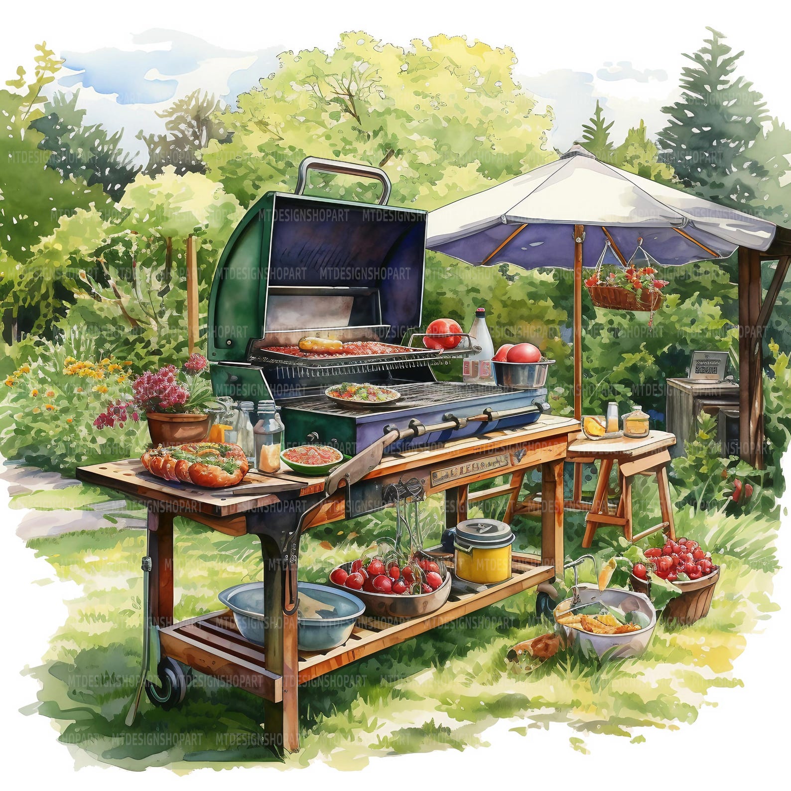18 Barbecue Clipart, BBQ Grill Clipart, Printable Watercolor Clipart ...