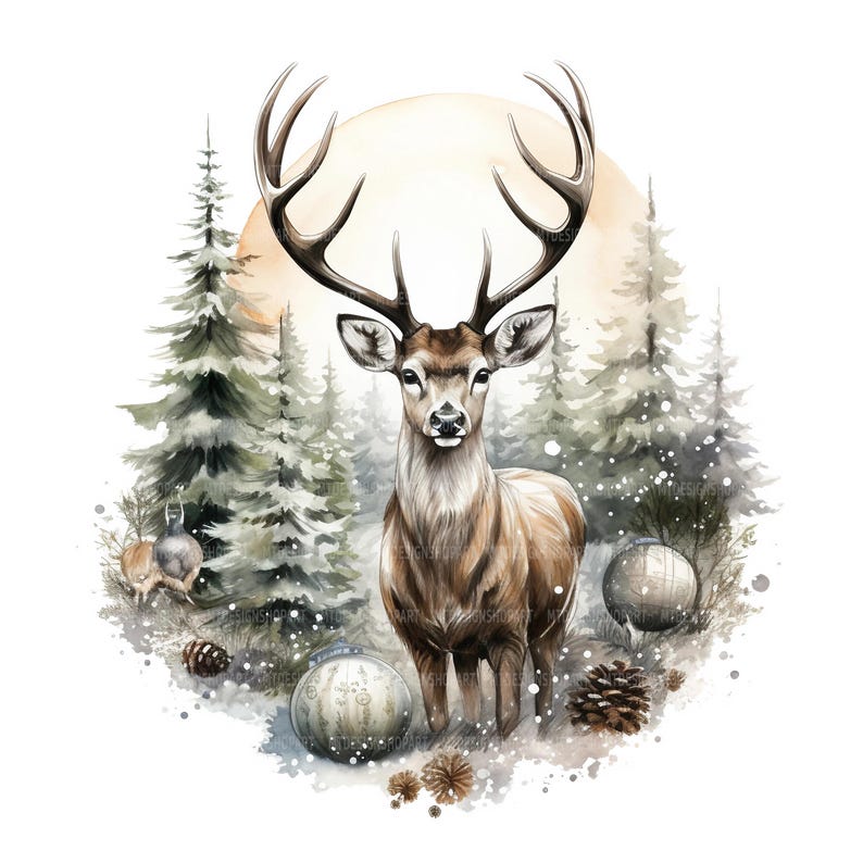 Watercolor Christmas Deer Clipart: Reindeer JPG Images (digital ...