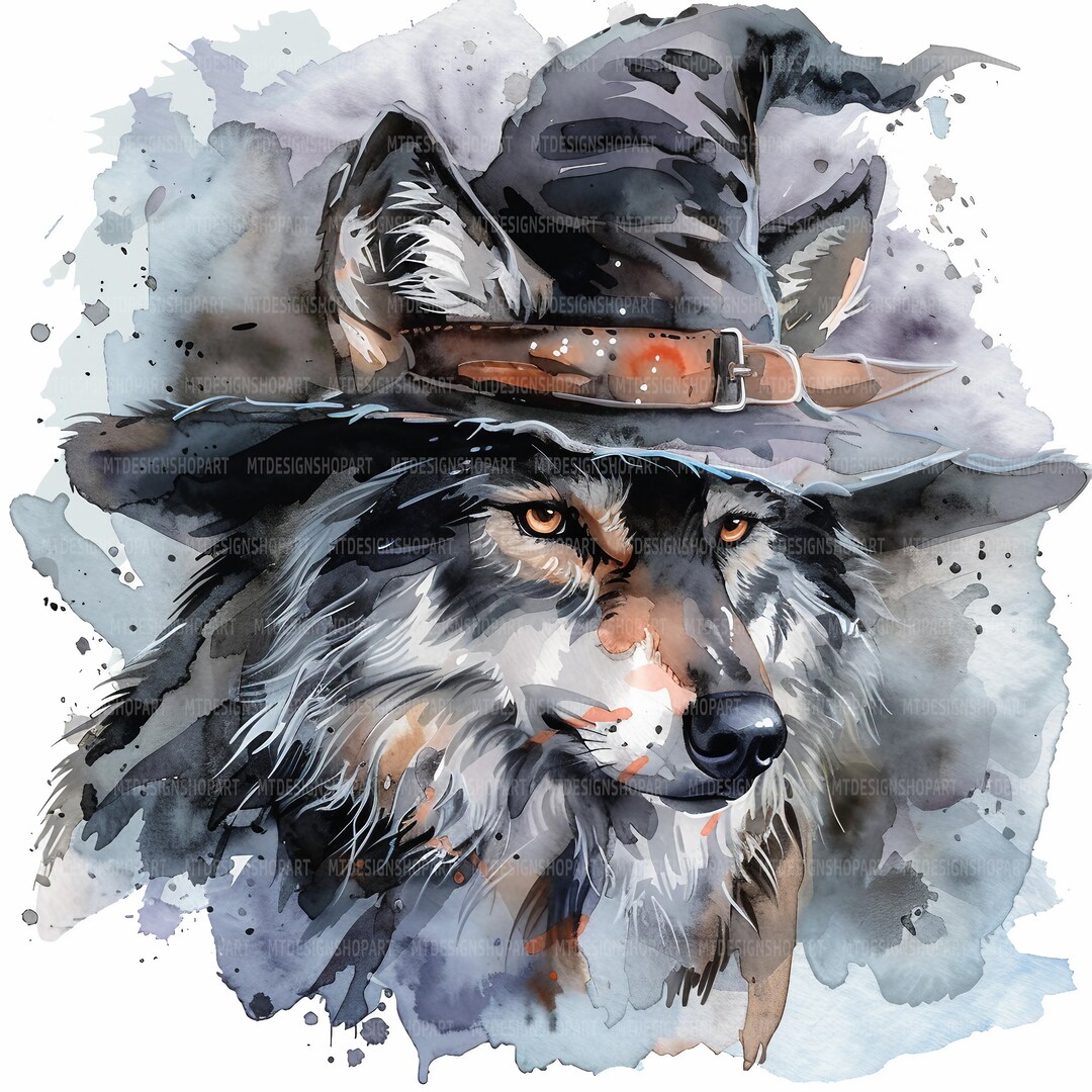 15 Wolf With Witch Hat Clipart, Halloween Wolf, Printable Watercolor ...