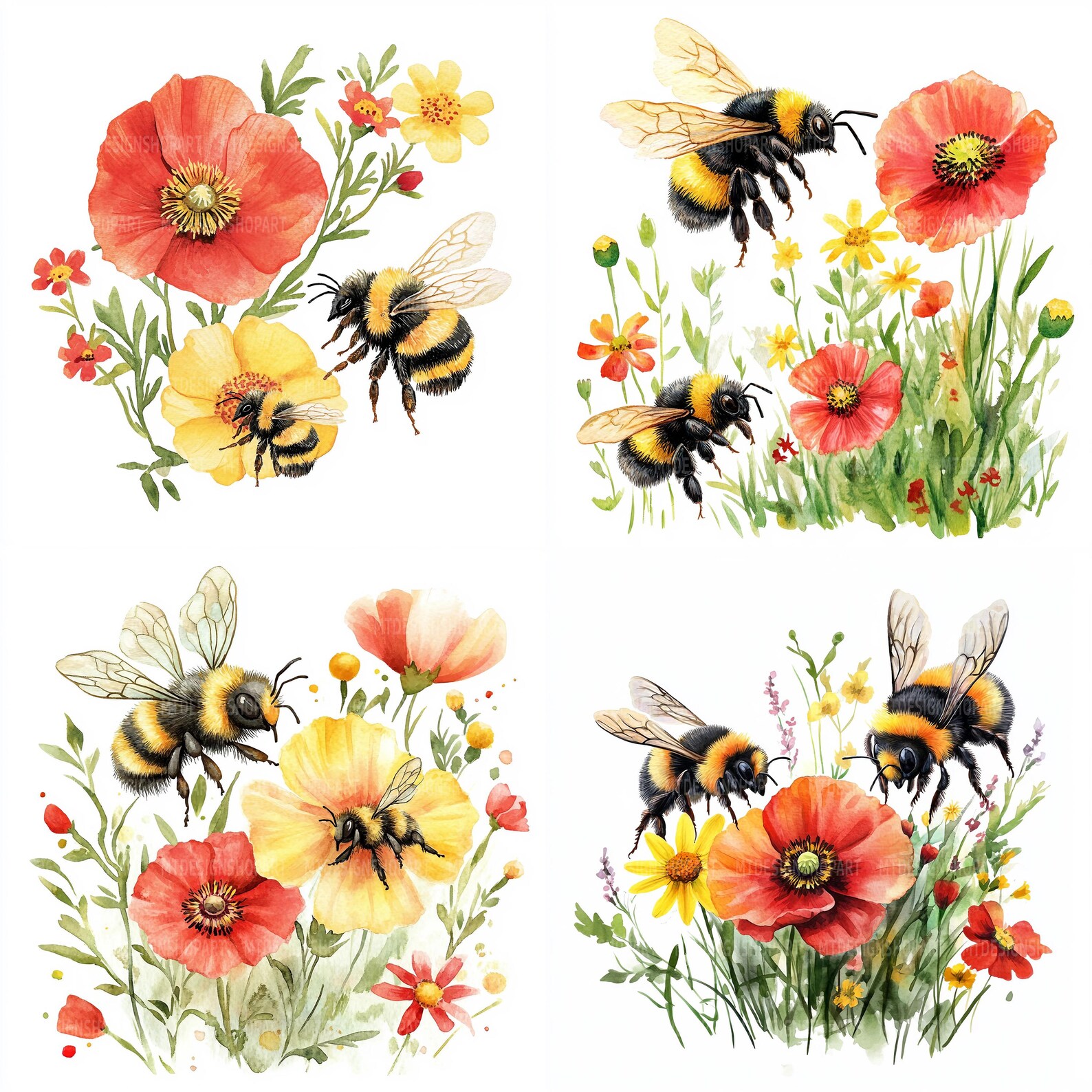 Watercolor Bees and Flowers Clipart: Floral Art, Paper Crafts (digital ...
